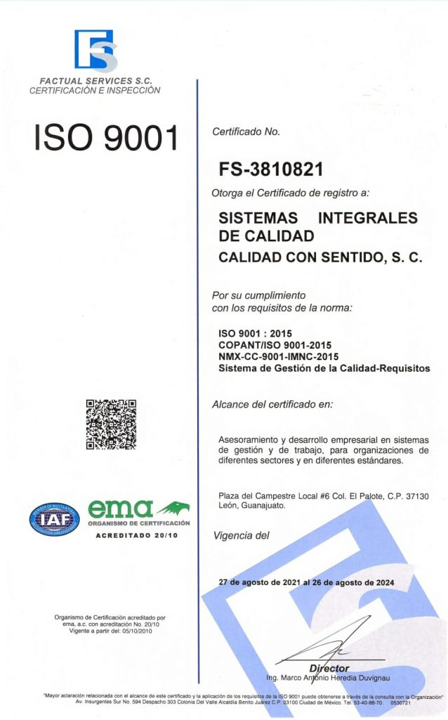 Certificado ISO 9001:2015 – Sistemas Integrales de Calidad
